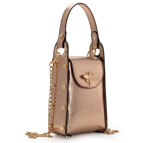 Bags | Copper Gold Metallic Leather Crossbody Bee Bag W Hand Strap ...